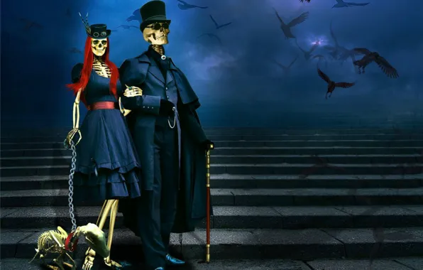 Обои ночь, цепь, лестница, вороны, черепа, прогулка, нежить, Скелеты на ...