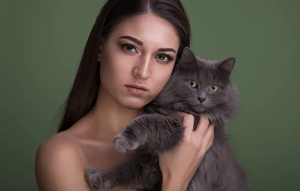 Обои girl, long hair, brown eyes, photo, photographer, cat, model, lips ...
