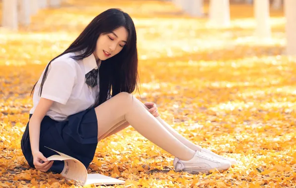 Обои Girl Park Autumn Model Asian Cute Skirt на телефон и рабочий
