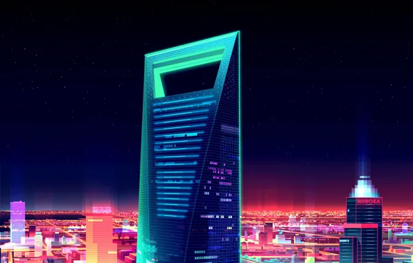 Обои Ночь, Вектор, Город, Стиль, Здания, Китай, Здание, Shanghai ...