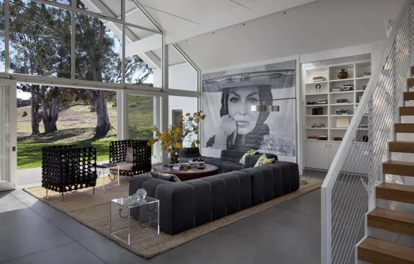 Обои living room, interior, middle of the nature, modern barn house ...