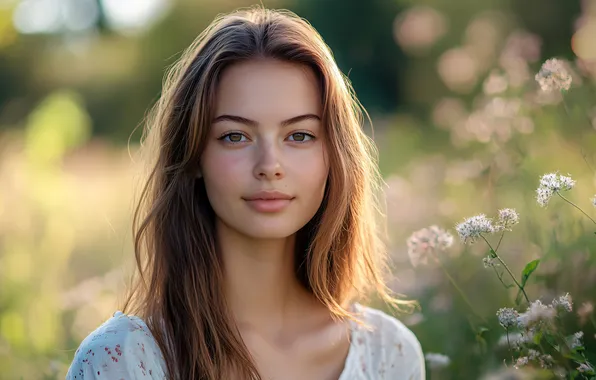 Обои взгляд, девушка, природа, лицо, поза, портрет, ИИ-арт, нейросеть на телефон и рабочий стол ...