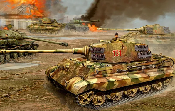 Обои война, рисунок, бой, Tiger II, Königstiger, ис-2, Тигр II, тяжёлый ...