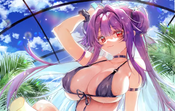 Скачать обои Girl Sexy Wet Cleavage Sky Long Hair Boobs Anime