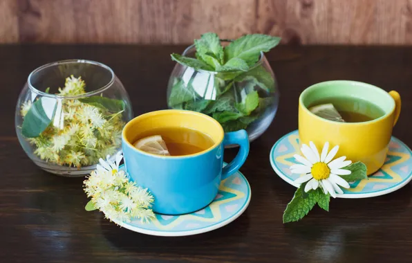 Скачать обои лимон, чай, ромашка, чашка, lemon, травы, wood, cup ...