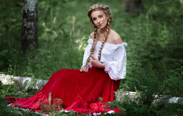 Скачать обои девушка, поза, платье, коса, сидит, Анна Шувалова ...
