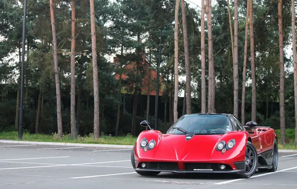 Обои деревья, красный, парковка, red, Pagani, Zonda, зонда, пагани на ...