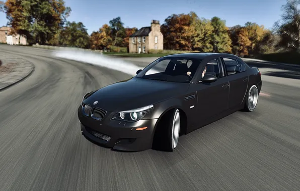 Обои HDR, BMW, House, Drift, Fall, Smoke, Game, E60, Trees, 5er, UHD ...