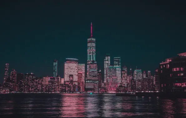 Скачать обои red, night, new york, new york city, nyc, skyscrapers ...