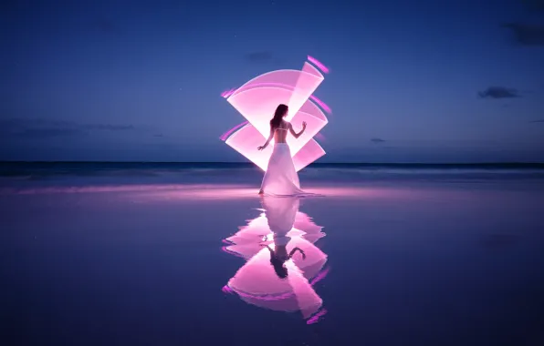 Обои волны, девушка, свет, берег, Light-painting at the pink sand beach ...