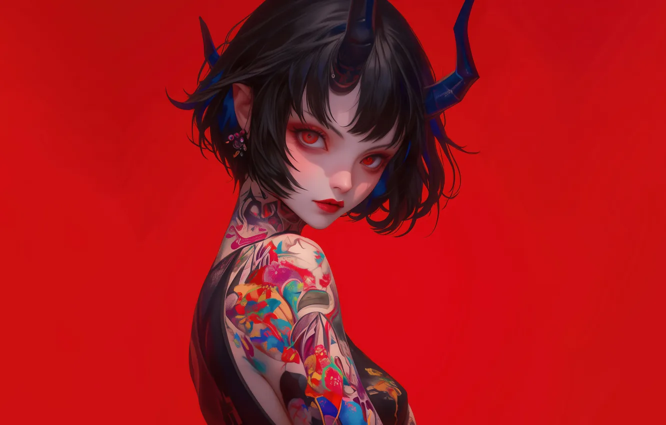 Обои Girl Anime Horn Red Background Anime Girl Ai Art Ai Generated на телефон и рабочий