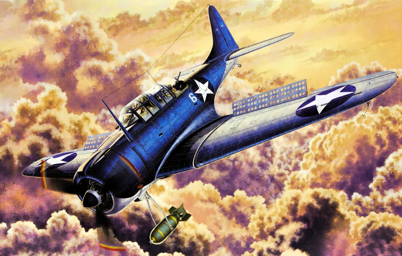 Обои war, art, airplane, painting, aviation, Douglas SBD-2 Dauntless ...