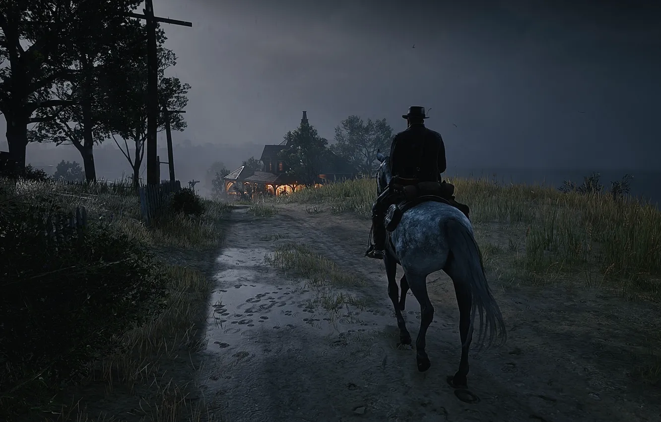 Обои HDR, House, Light, Storm, Night, Rain, Game, Trees, John Marston ...