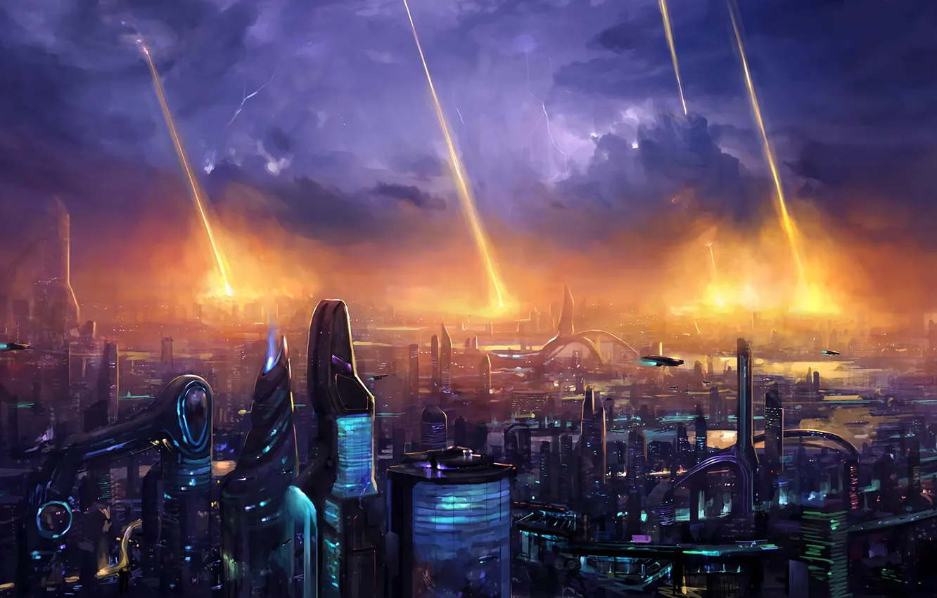Обои lights, fantasy, storm, lightning, night, science fiction, clouds ...