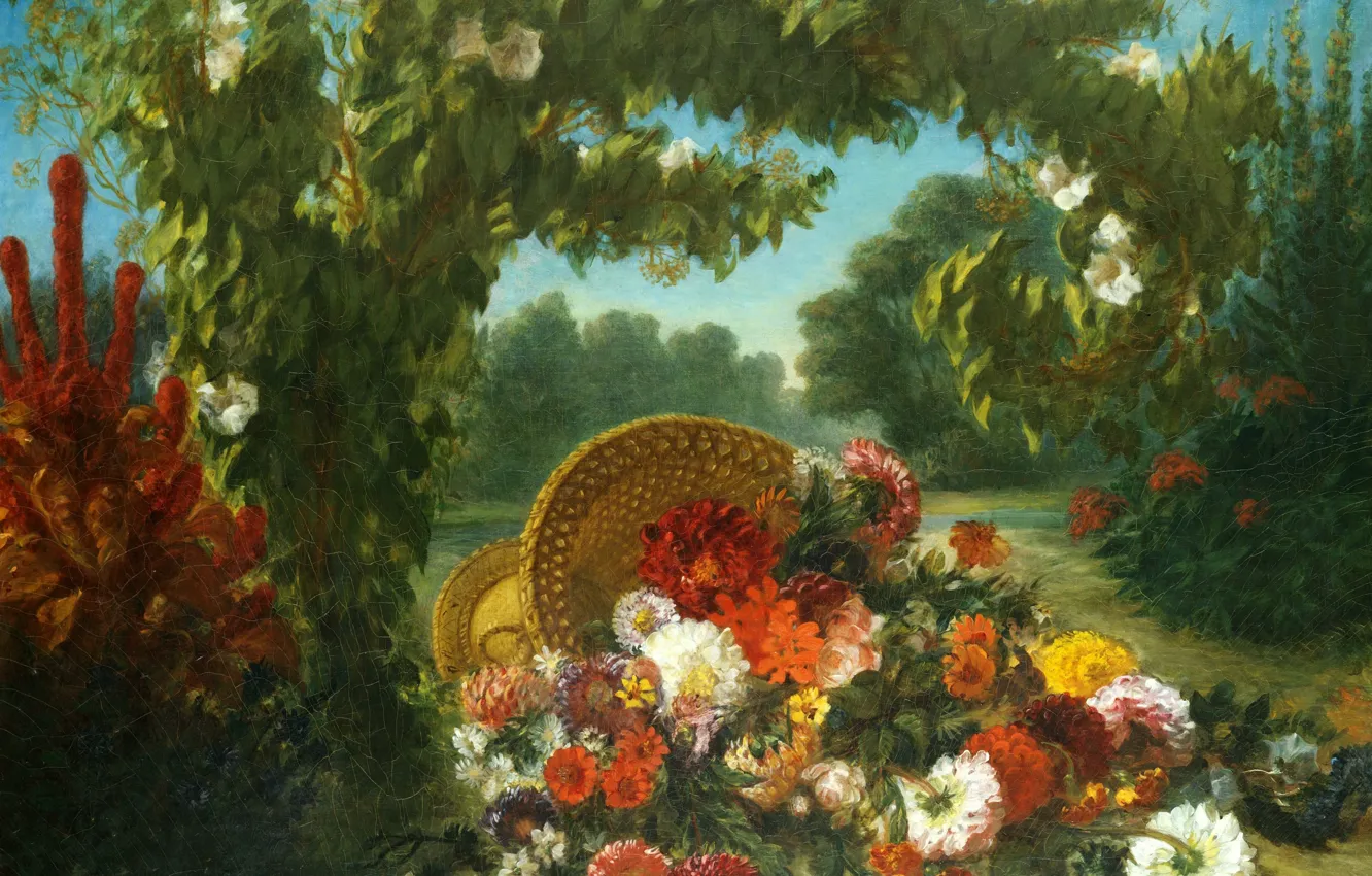 Обои пейзаж, картина, Корзина Цветов, Эжен Делакруа, Ferdinand Victor ...