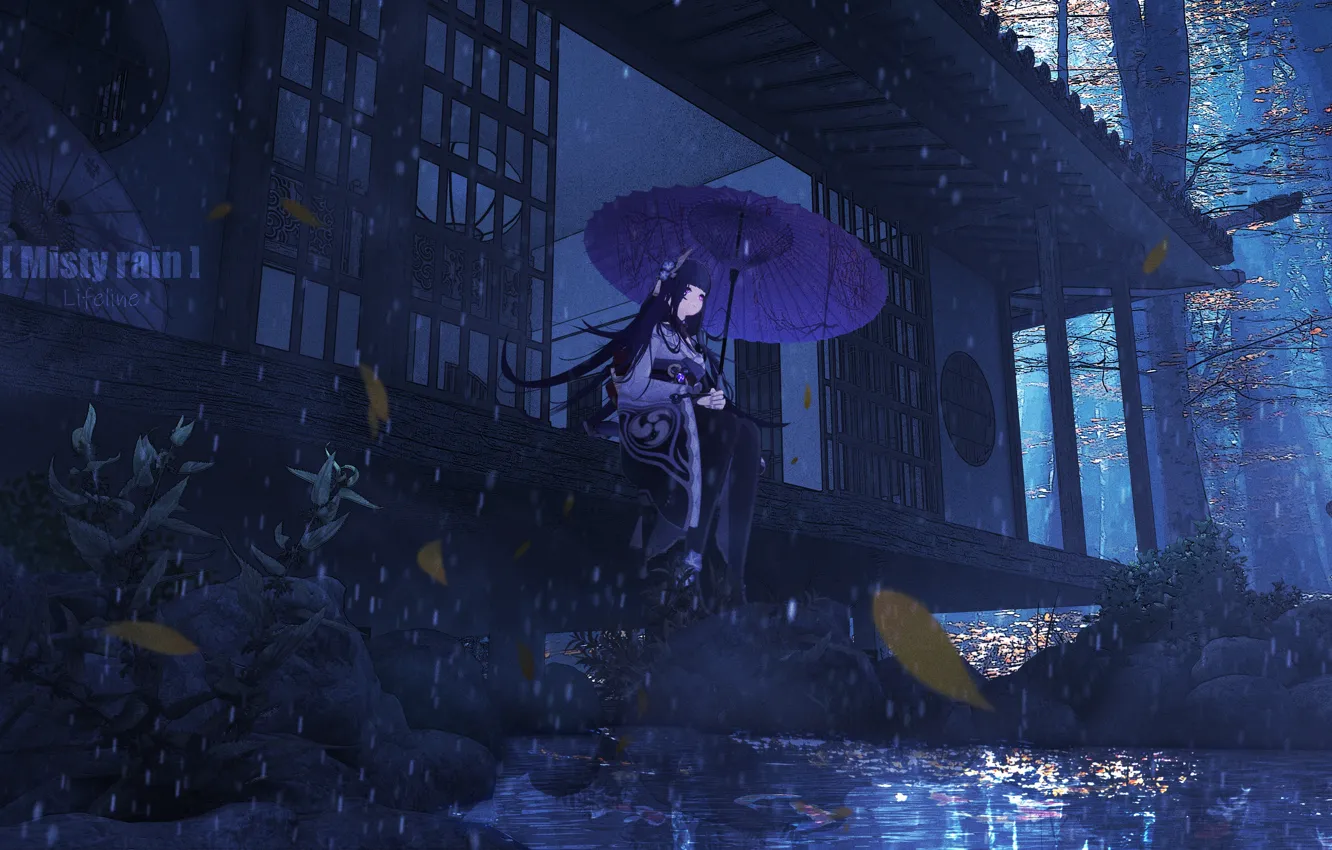 Обои осень, лес, вода, девушка, дом, вечер, фонарь, Genshin Impact на телефон и рабочий стол ...