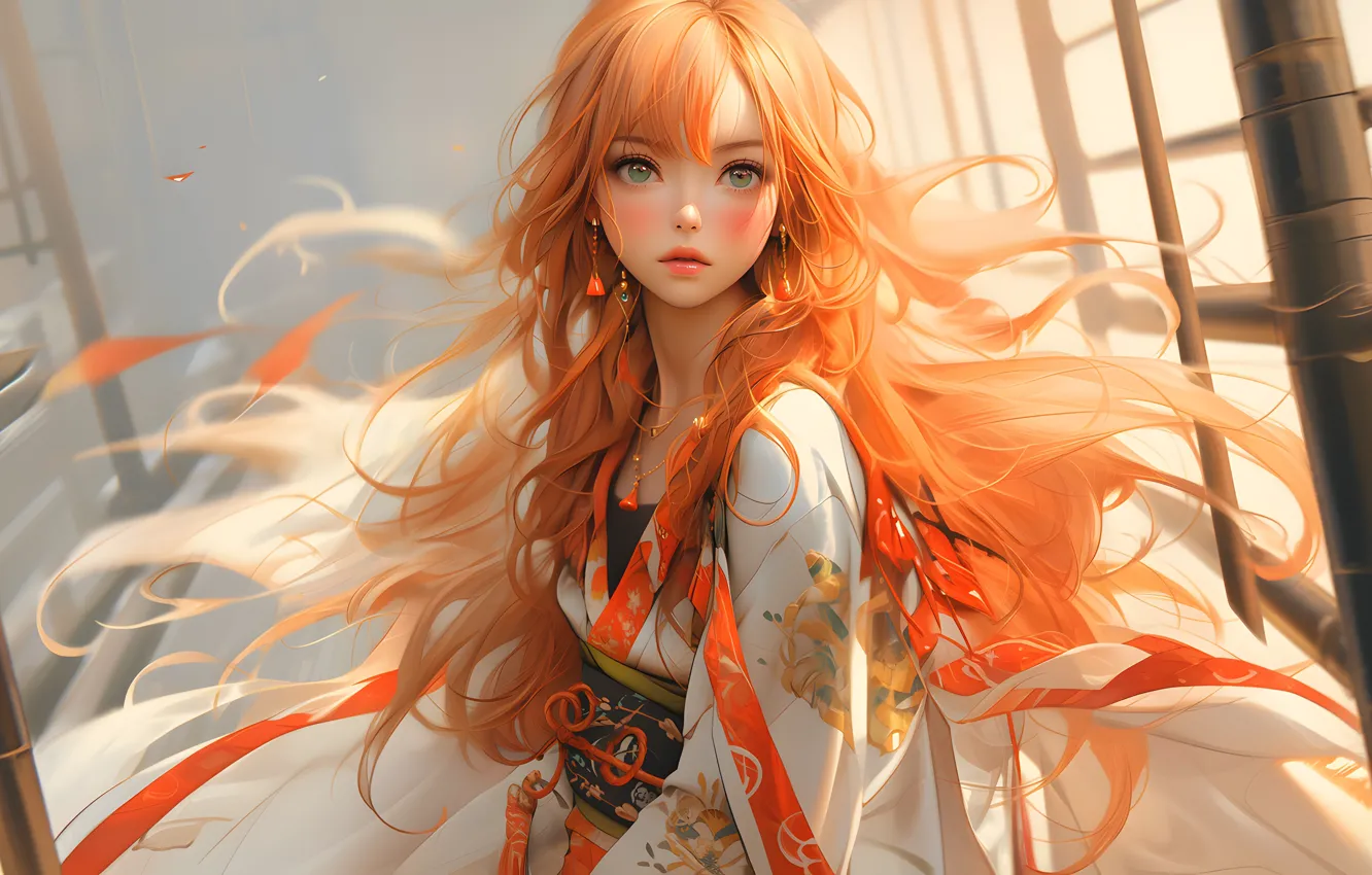 Обои Long Hair Women Redhead Digital Art Sunlight Necklace Kimono