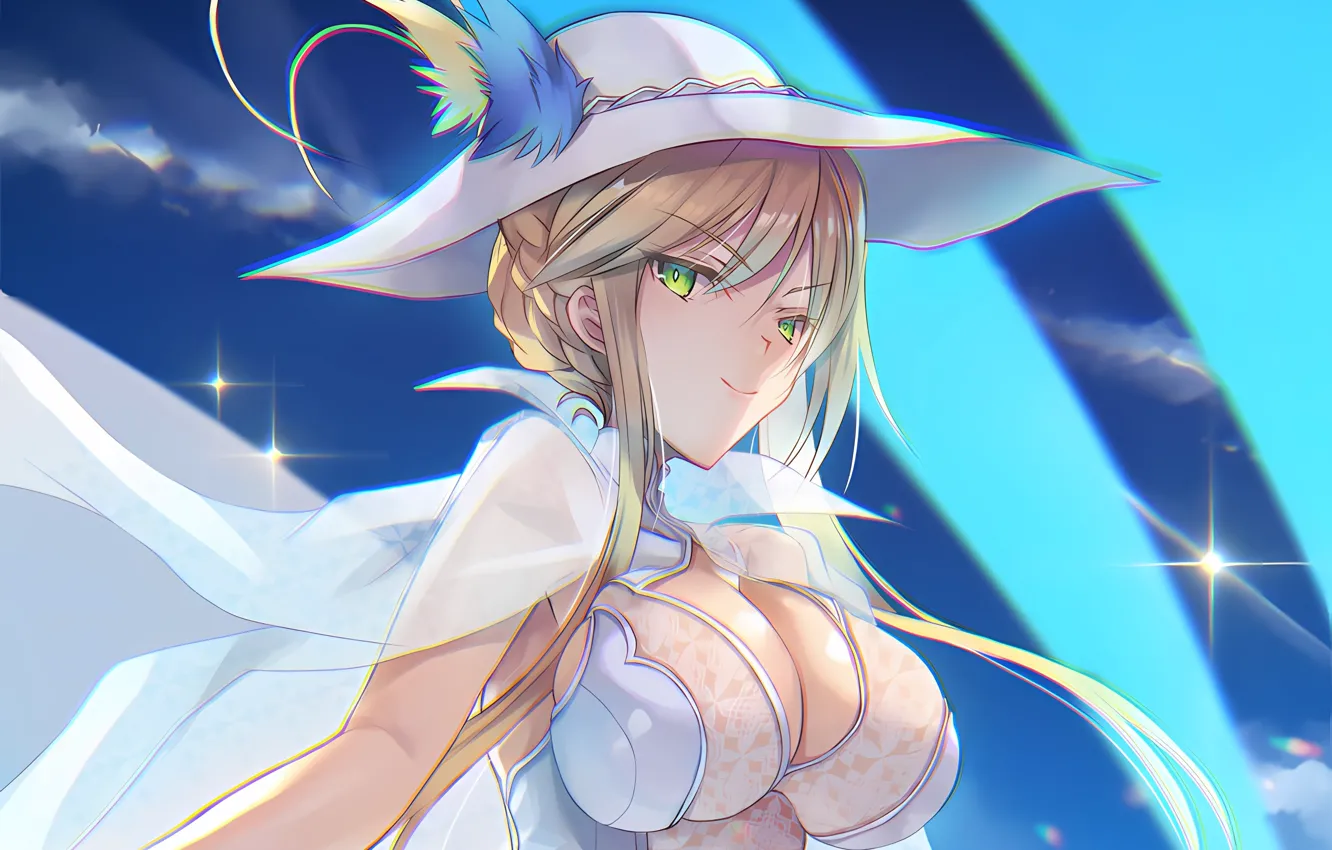 Обои Girl Sexy Cleavage Green Eyes Long Hair Hat Boobs Anime на