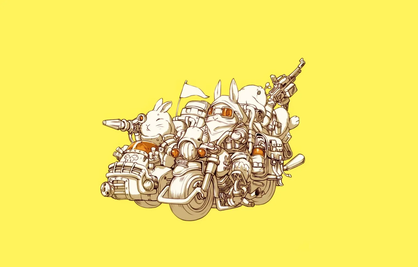 Обои Art, Guns, Bike, Weapon, Minimalism, Characters, Motorcycle, Bunny, Rabbits, Ren Wei Pan ...