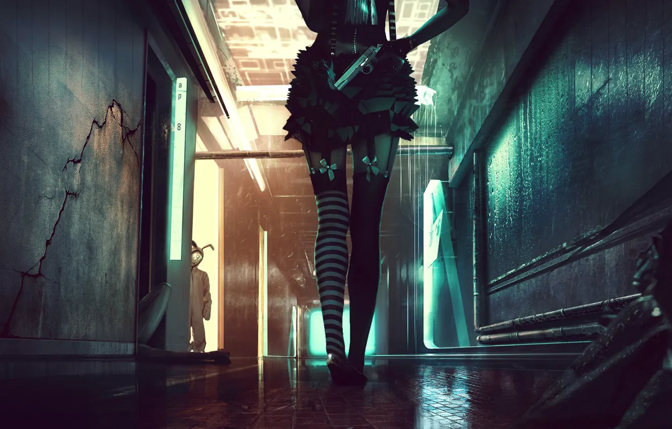 Обои light, horror, gun, fantasy, legs, Neon, floor, assassin картинки ...
